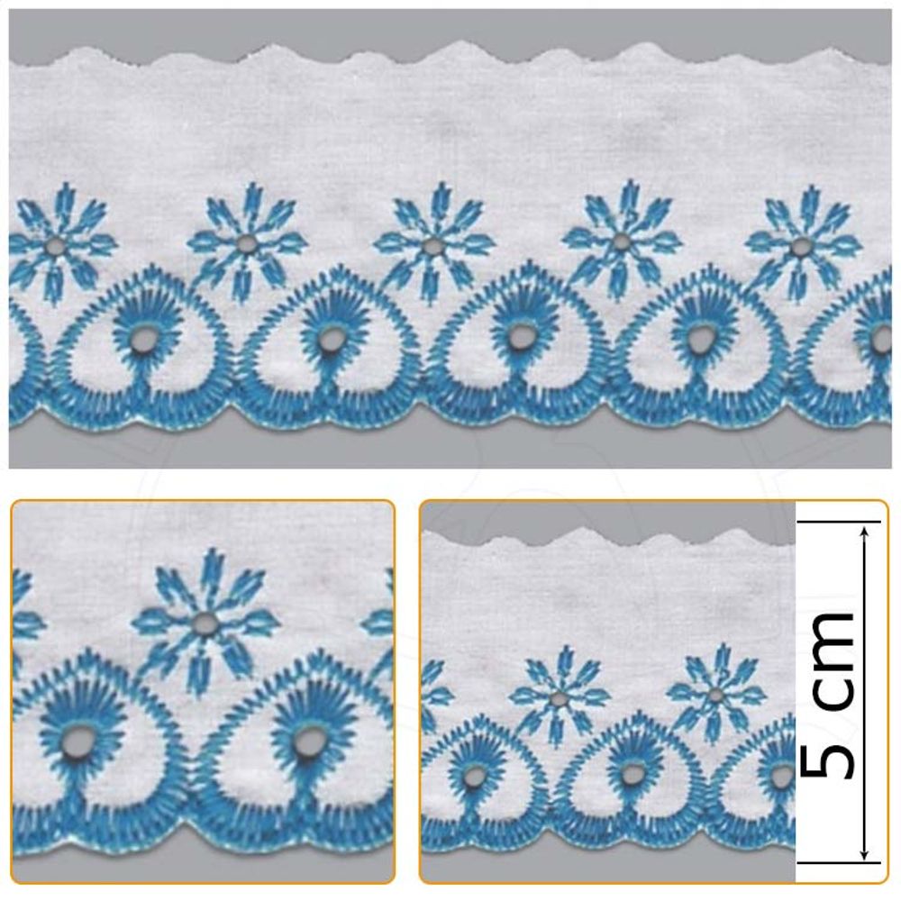 Bordado Inglês BP025 024 Branco/Azul Turquesa - 5 cm - Tricochetando