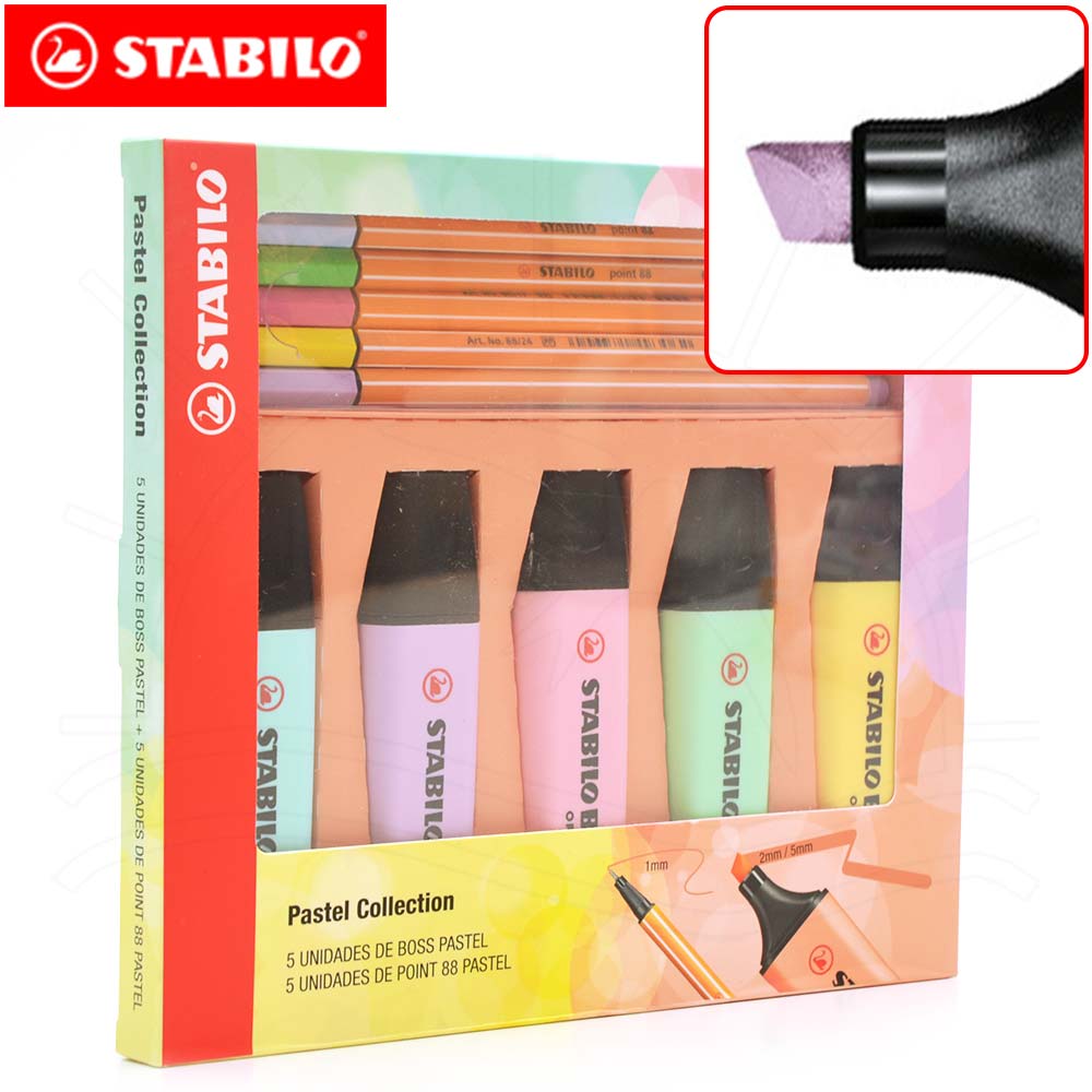 Kit Stabilo Pastel: 5 Marca Texto Stabilo Boss + 5 Stabilo Point 88 ...